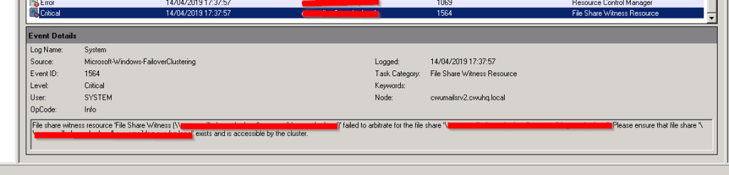 Events 1069/1564 DAG(exchange) Cluster Witness: File share witness ...